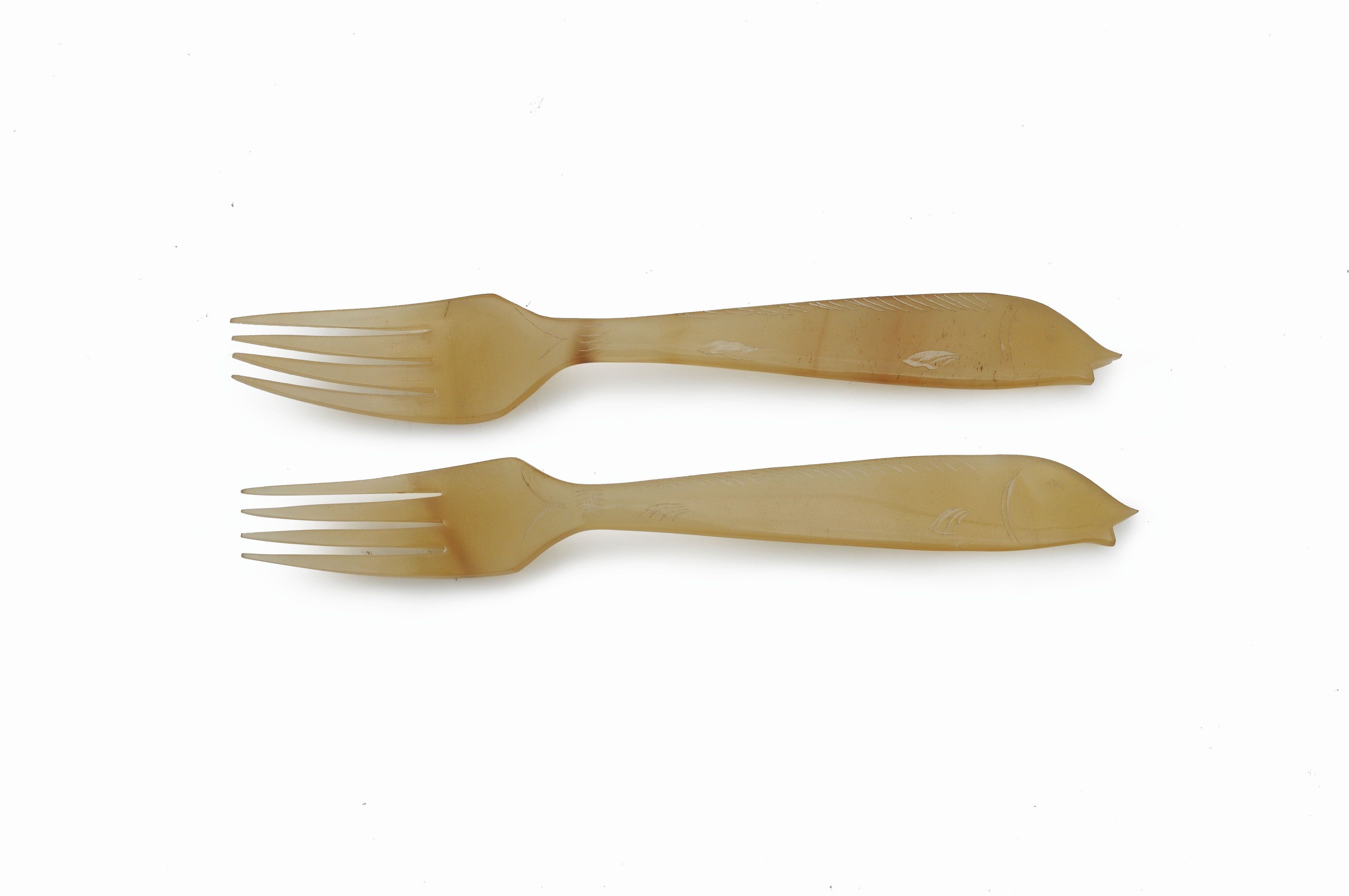 Set of 2 Handcrafted Natural Unique Buffalo Horn Fork with Carved Fish ...
