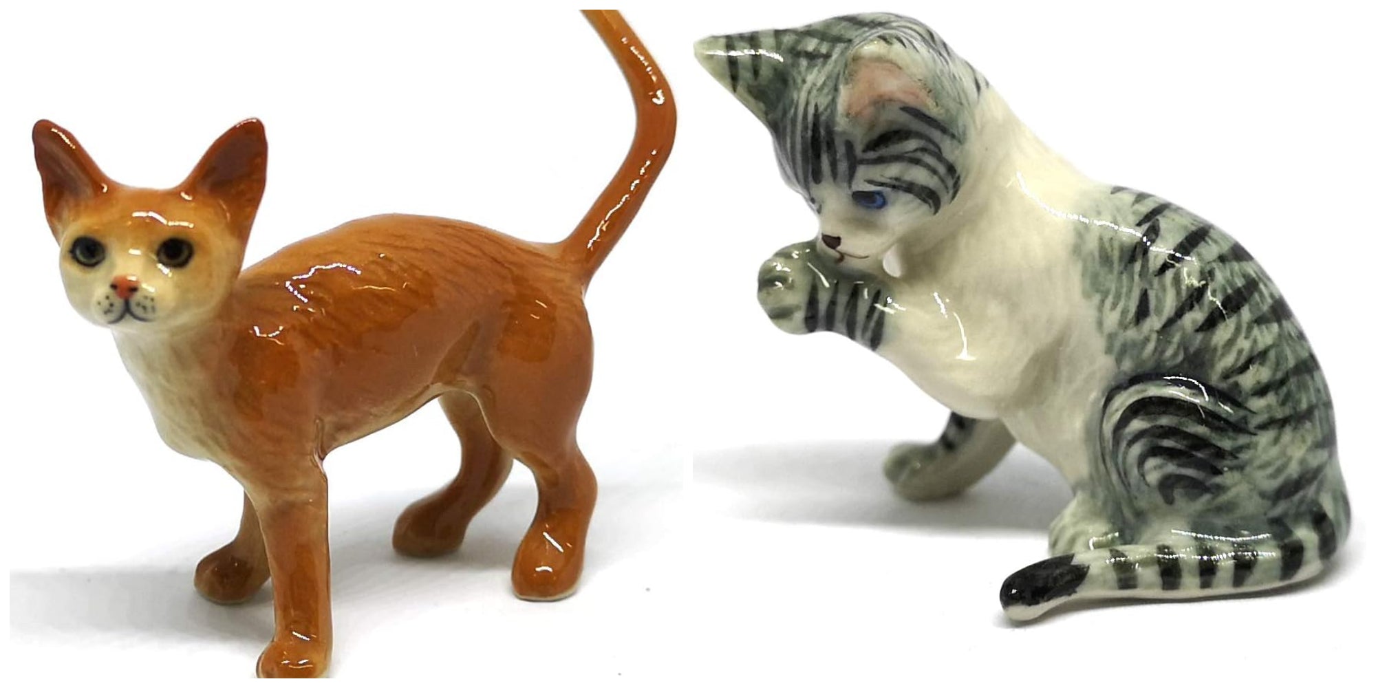 Grey Tabby & Brown Burmese Cat Ceramic Figurine Porcelain Handmade Hom ...